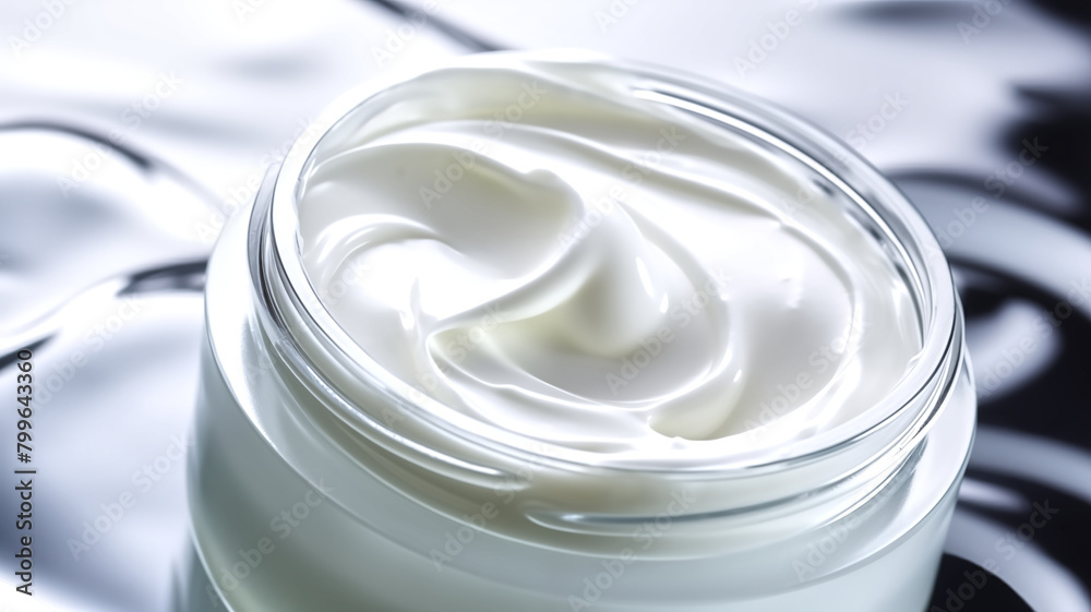 Close-up of an open jar of rich moisturizing cream with a smooth and ...