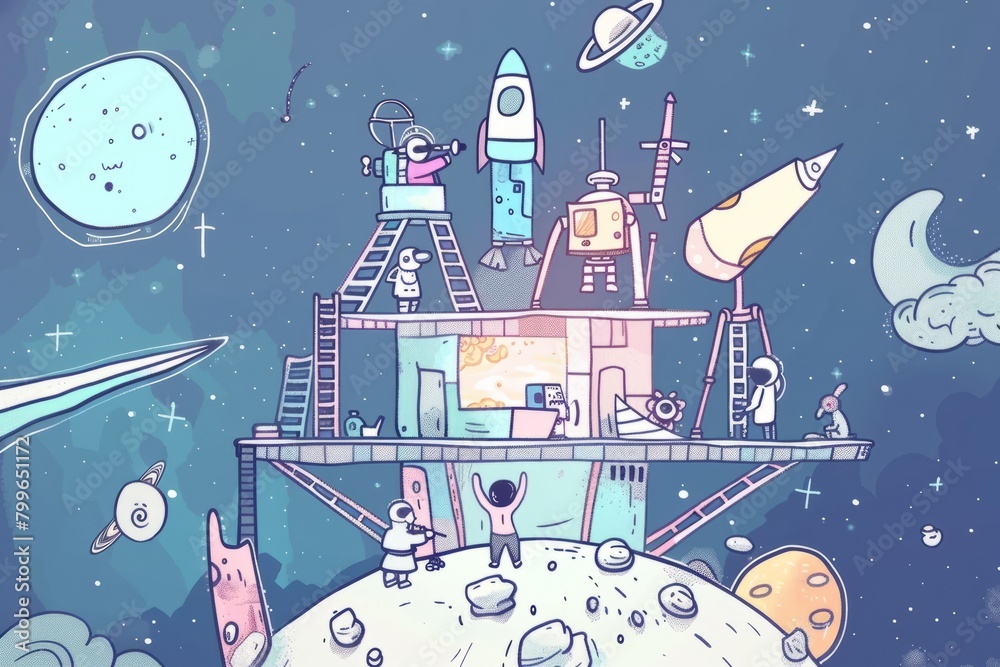 Cartoon cute doodles of a team of scientists and engineers working ...