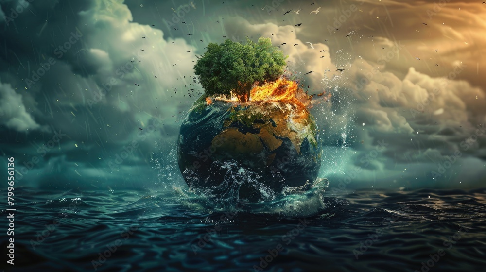 Global warming images, Show that the earth is sinking into the sea and ...