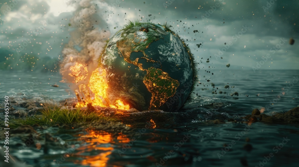 Global warming images, Show that the earth is sinking into the sea and ...