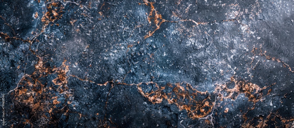 Detailed view of a worn black marble surface showing signs of rust and ...
