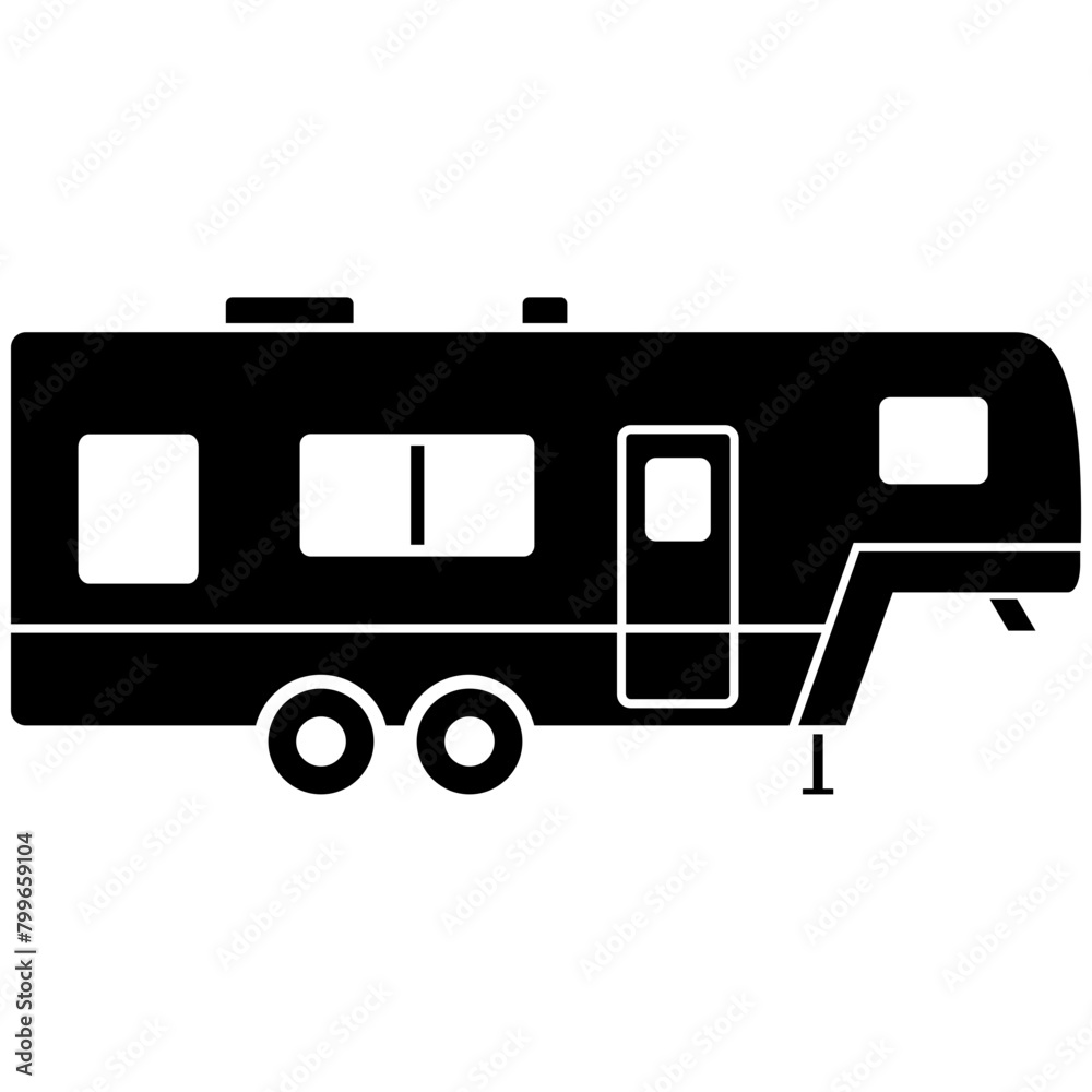 Black single rv van icon, simple camping car, truck trailer, auto ...