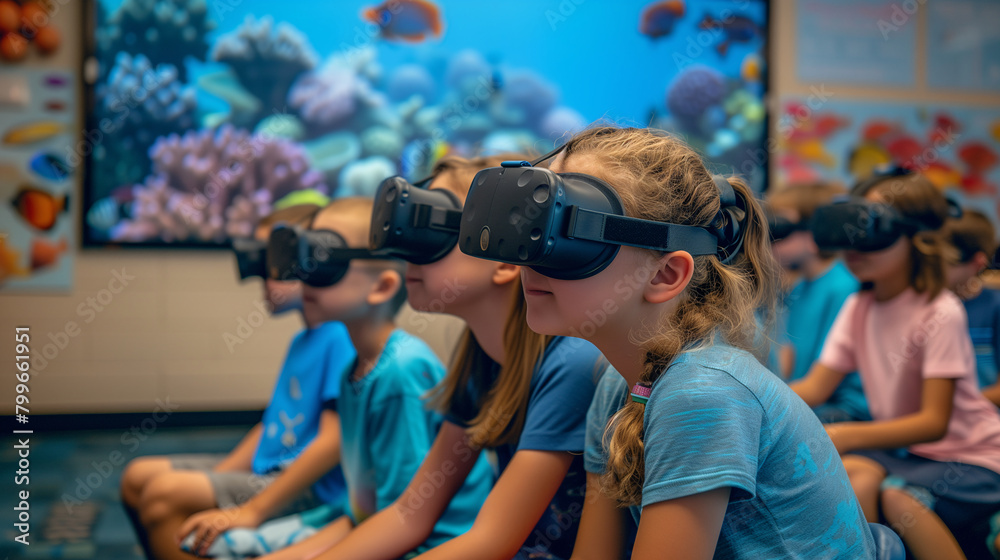 Children Exploring Underwater World with VR Headsets. Group of children ...