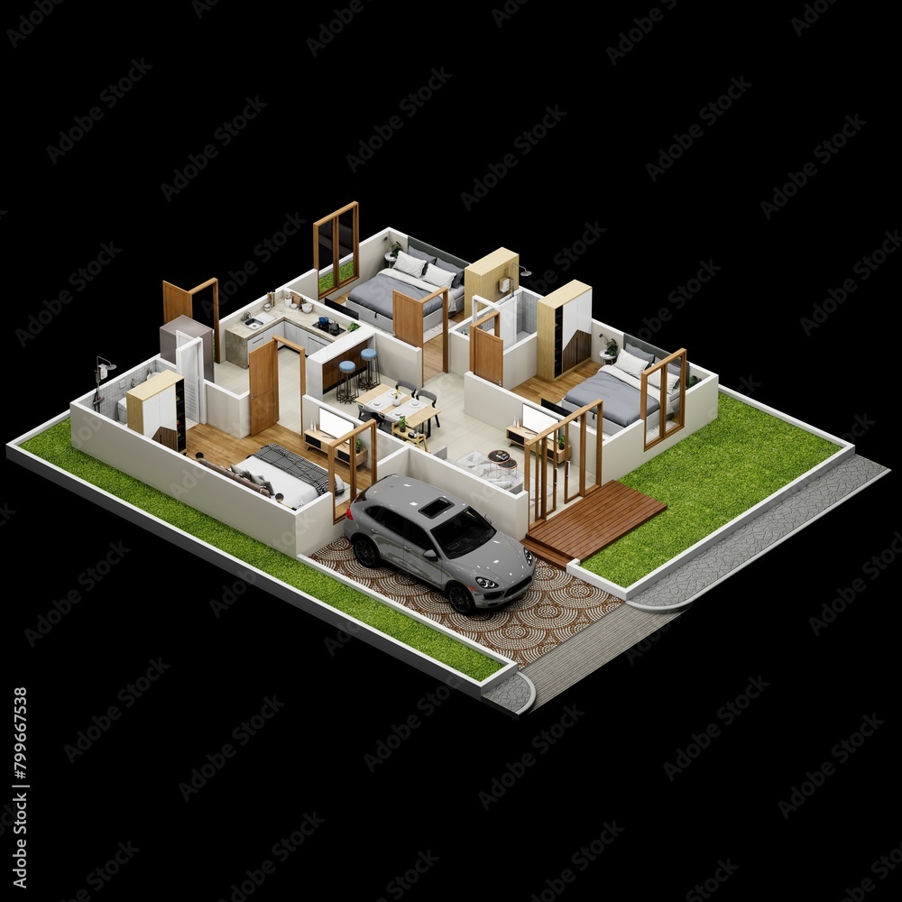 3d rendering floor plan of a house top view, minimalist house 156 ...