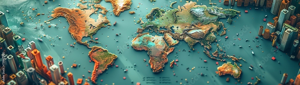 Design an aerial view illustration showcasing a world map with ...