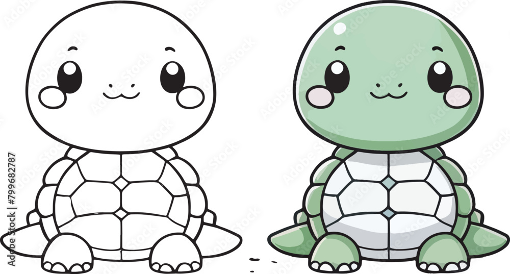 Cute cartoon character turtle, line drawings and colorful coloring ...