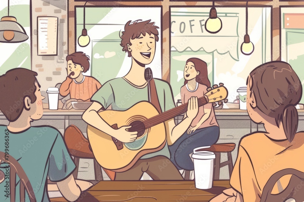 Cartoon cute doodles of a musician playing acoustic guitar and singing ...