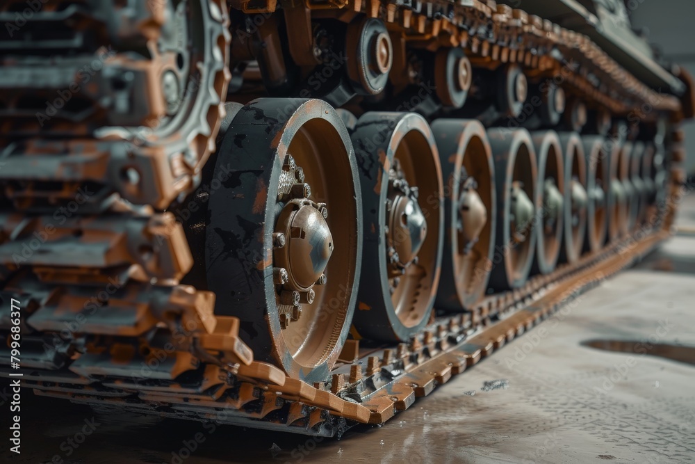 This detailed close-up captures the complex tread and wheel mechanism ...