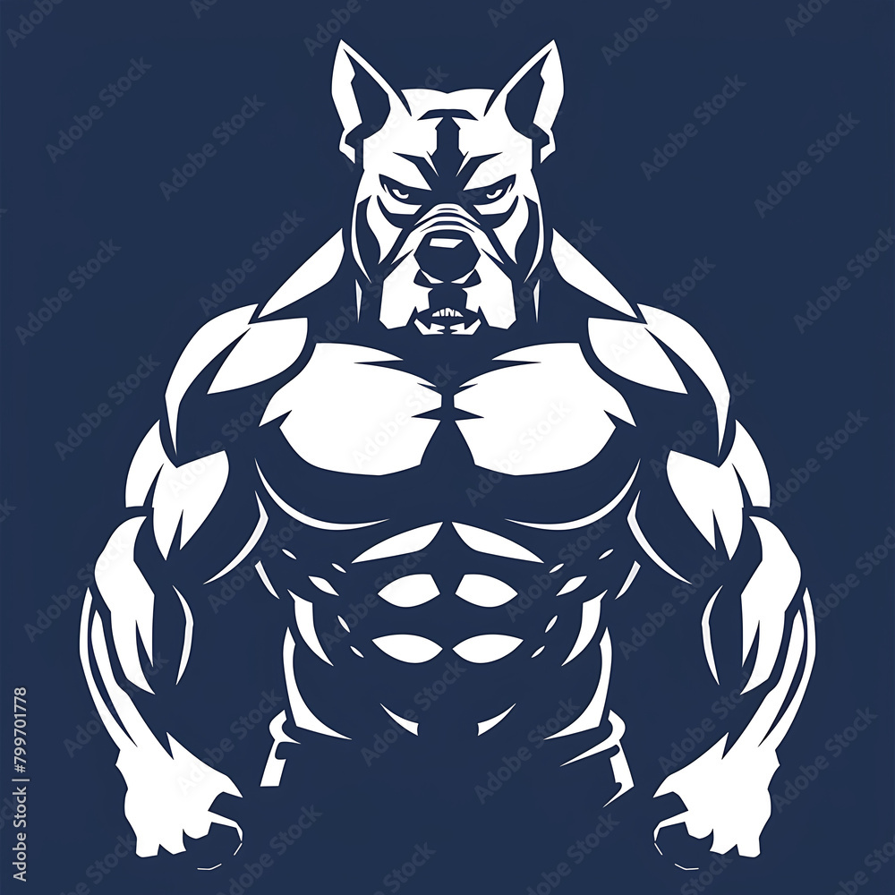 Aggressive looking hound in muscular human body, white flat logo, dark ...