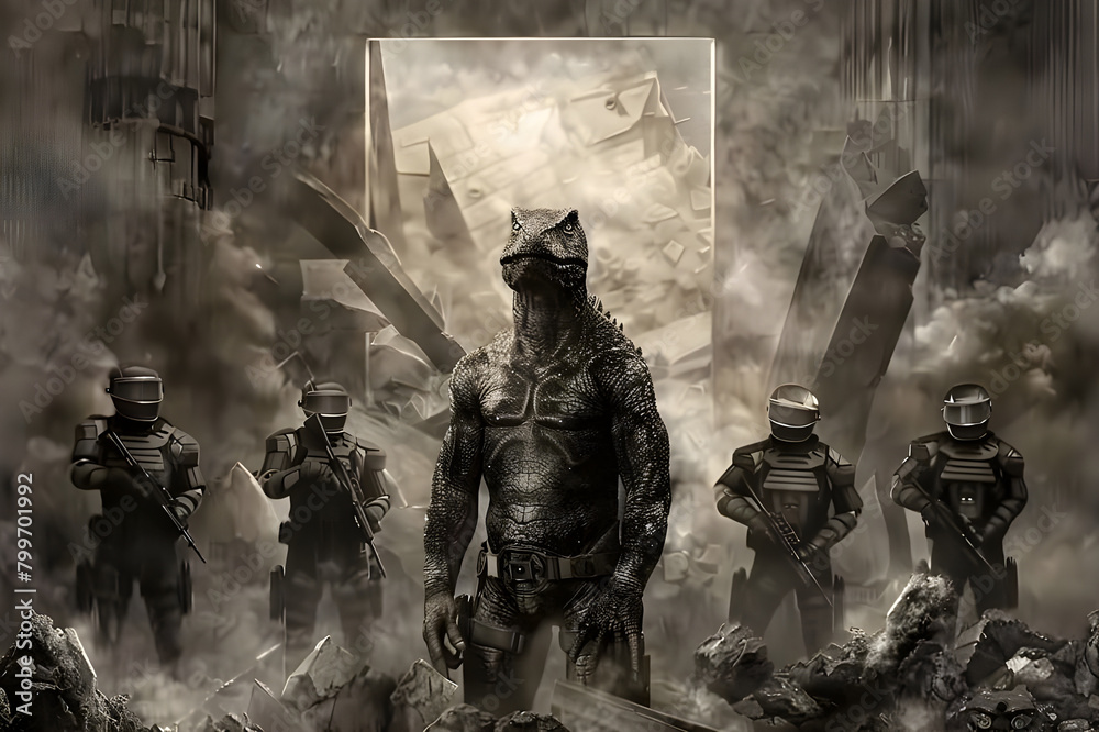 Image of a humanoid chameleon. A futuristic armed security guard ...