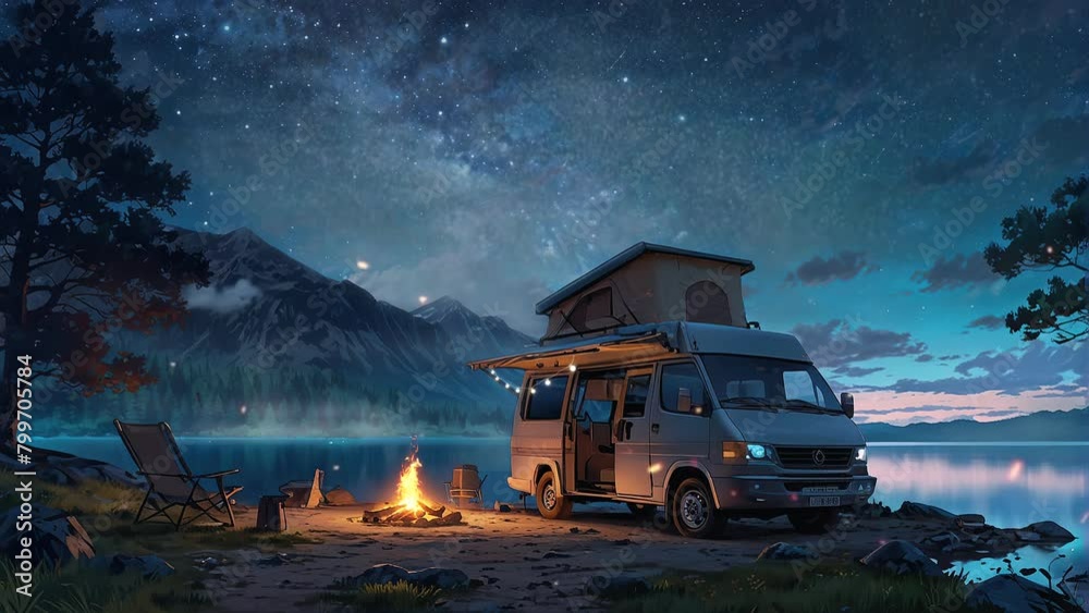 Amidst the Night Sky: Caravan Adventure with Radiant Bonfire Glow, Mystical Forest Canopy, and ...