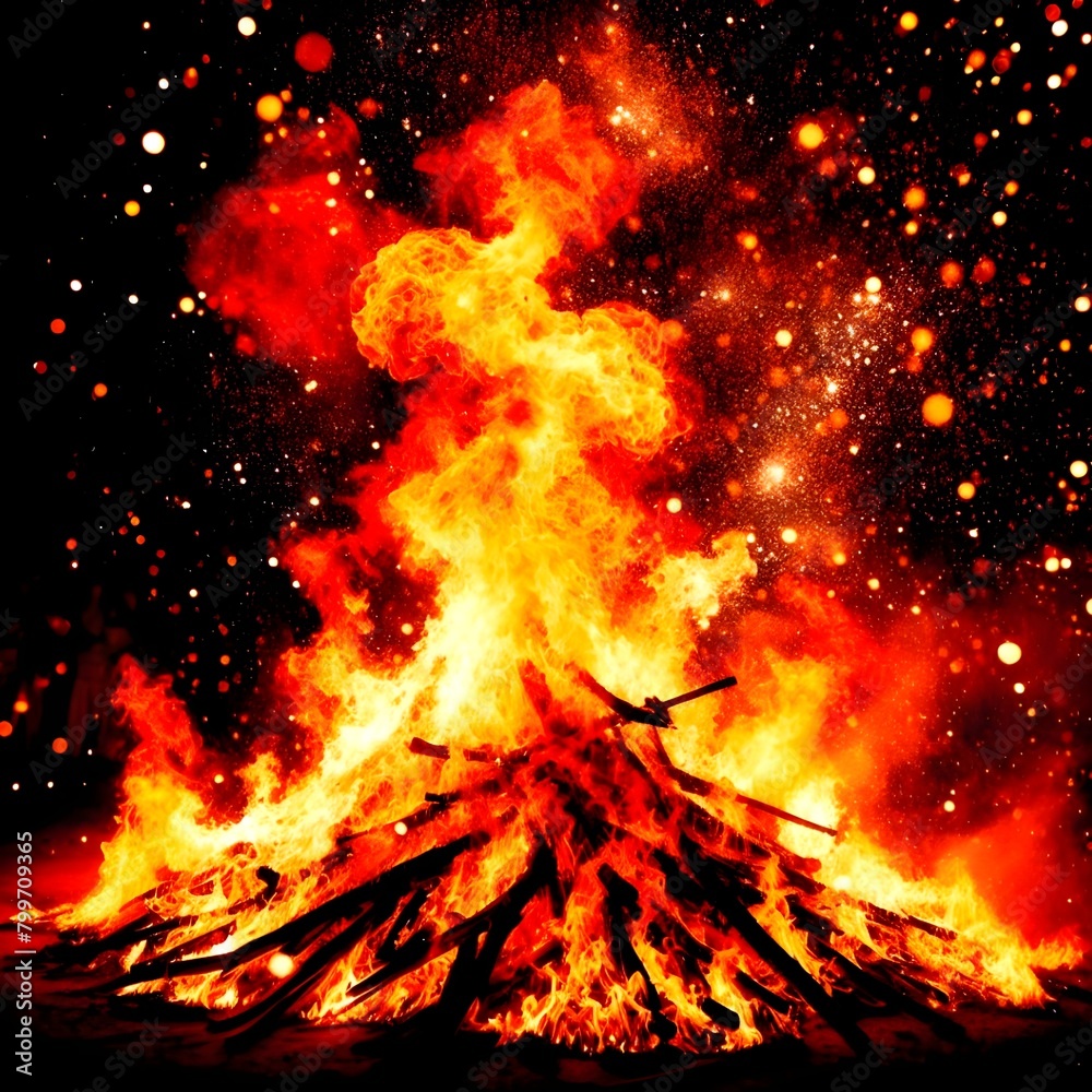 Bonfire with high flames,Cool barbecue grill With Fire flames, black ...