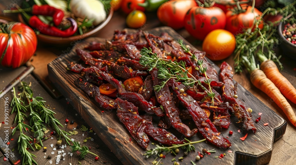 platter of crispy sun-dried beef strips arranged with fresh herbs and ...