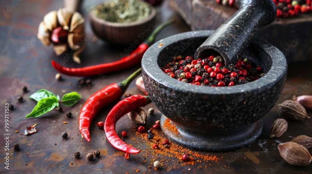 A mortar and pestle filled with aromatic spices, including whole black ...