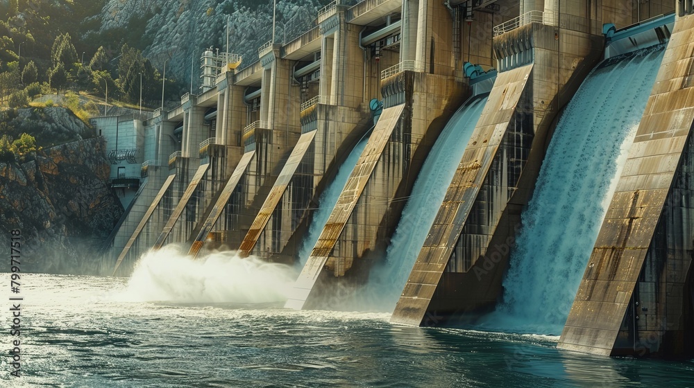 Close-up of a hydroelectric power plant located at the base of a ...