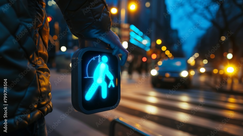 A pedestrian pushing the button at a crosswalk signal, activating the ...