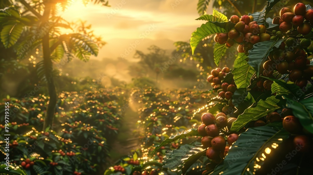 Charming, rustic-style coffee plantation Displaying rows of lush green ...