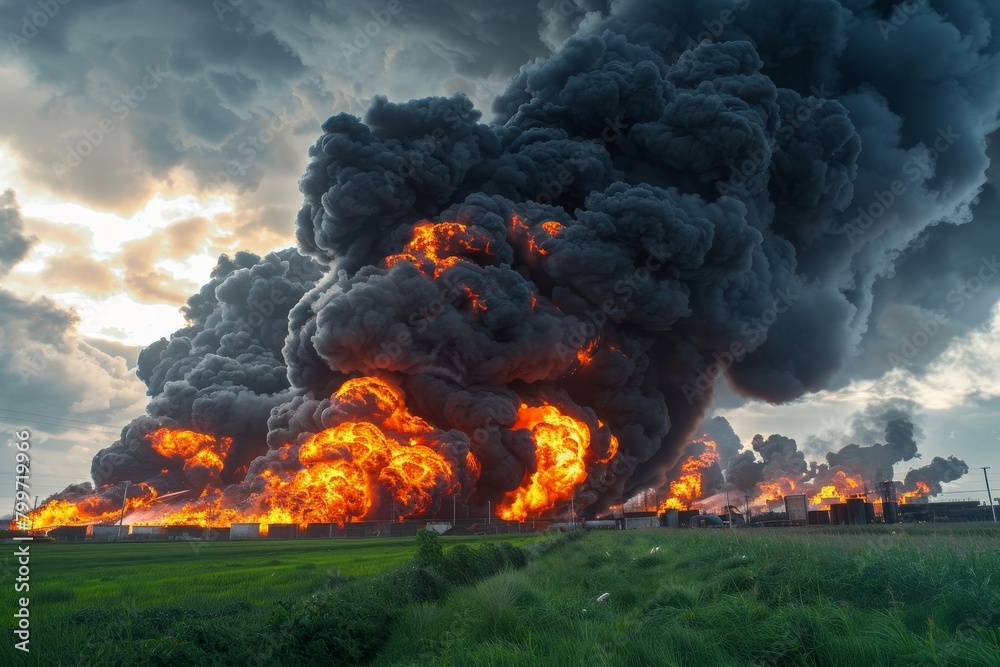 Major fire at an industrial oil refinery. Powerful fire explosion with ...