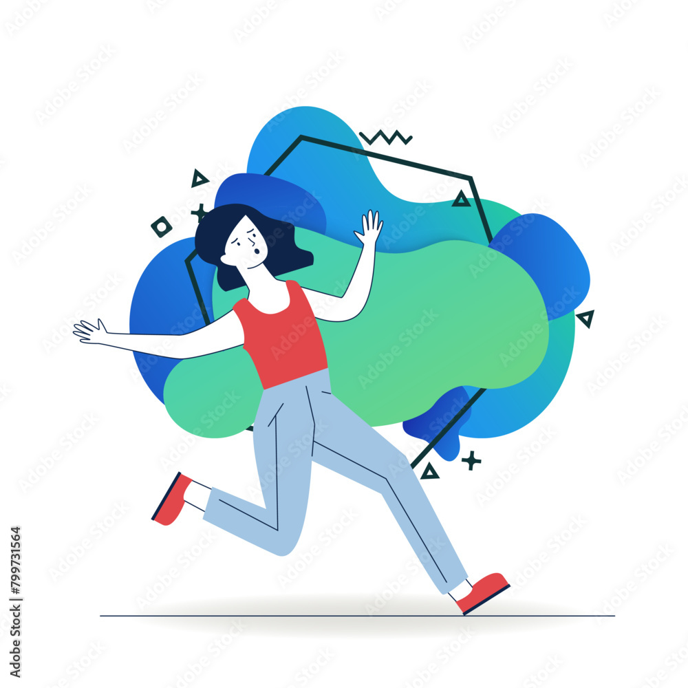 Clumsy woman running on wet floor. Cartoon female character slipping ...