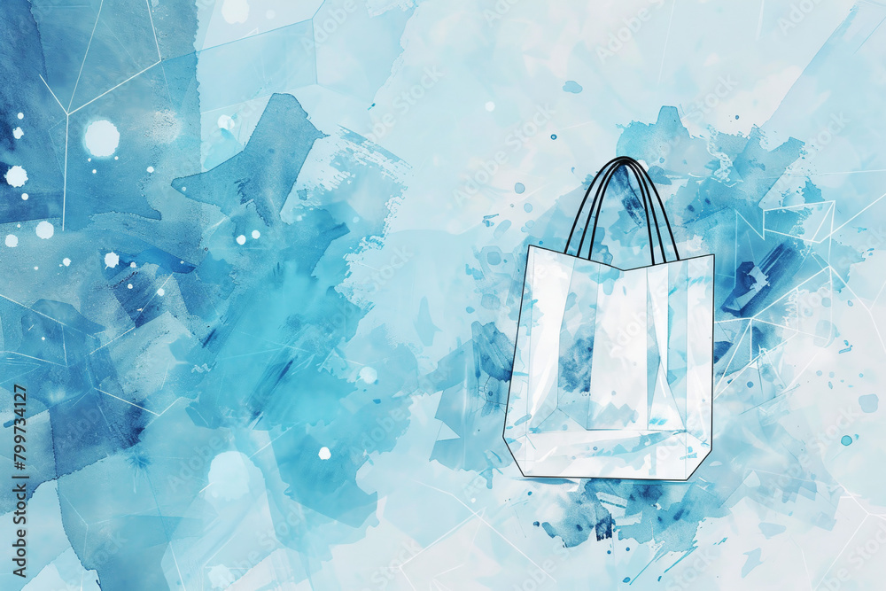 Abstract blue background with a shopping bag and digital tech elements ...
