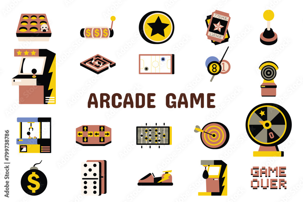 Arcade Game Flat Vector Illustration Icon Sticker Set Design Materials ...
