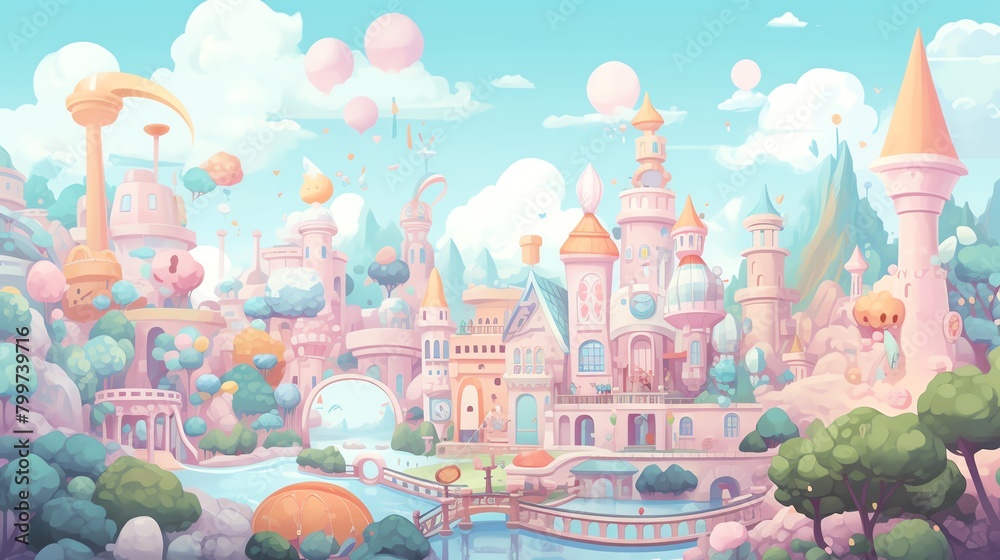 Design a whimsical scene featuring various kawaii elements in a flat ...