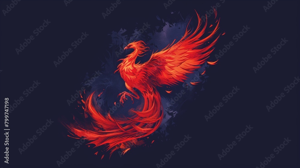 Flat solid color illustration of a fiery red phoenix rising from ashes ...