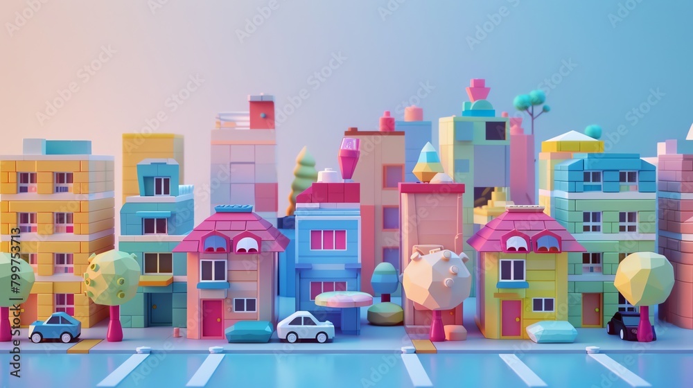 3D render mini town illustration 16K cute landscape aspect ratio 2:1 ...