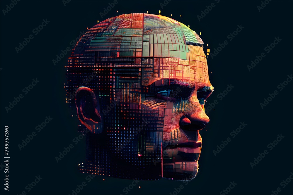 human head digitalised in pixel art style presenting a mosaic of ...