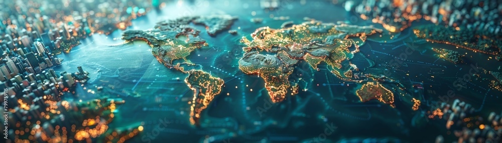Design an aerial view illustration showcasing a world map with ...