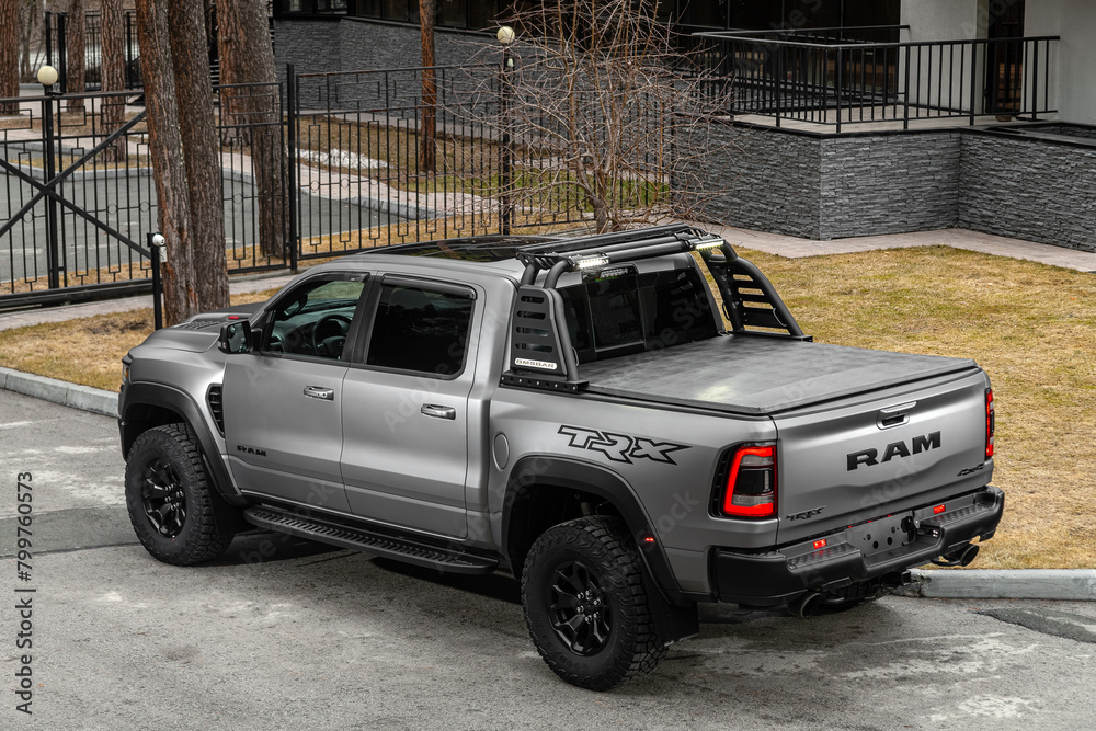 Novosibirsk, Russia - April 01, 2024: gray Dodge Ram Trx, back view ...