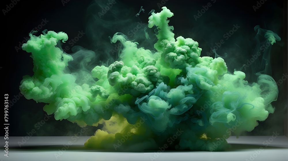 An explosion of green smoke, thick and billowing, rising upward against ...