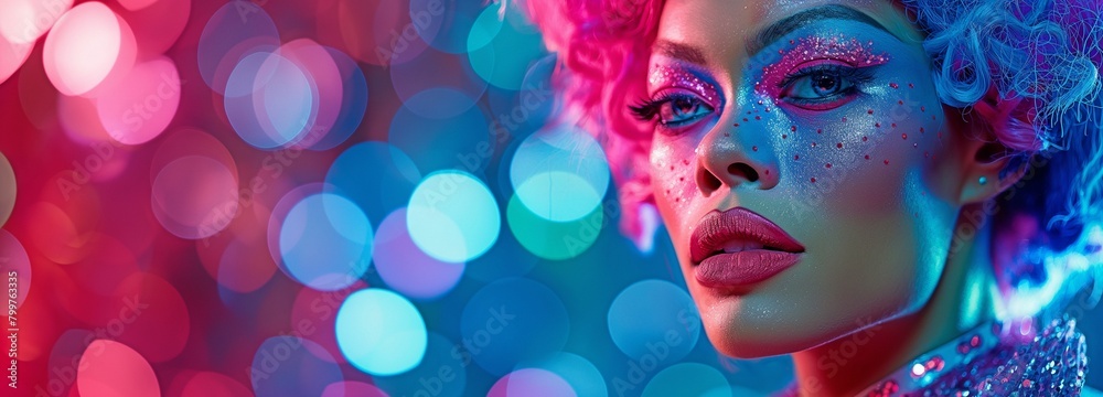 an exquisite drag queen appearing on a stage with dramatic lighting and ...