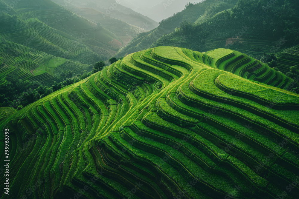 Minimalist aerial view capturing the terraced patterns of rice paddies ...