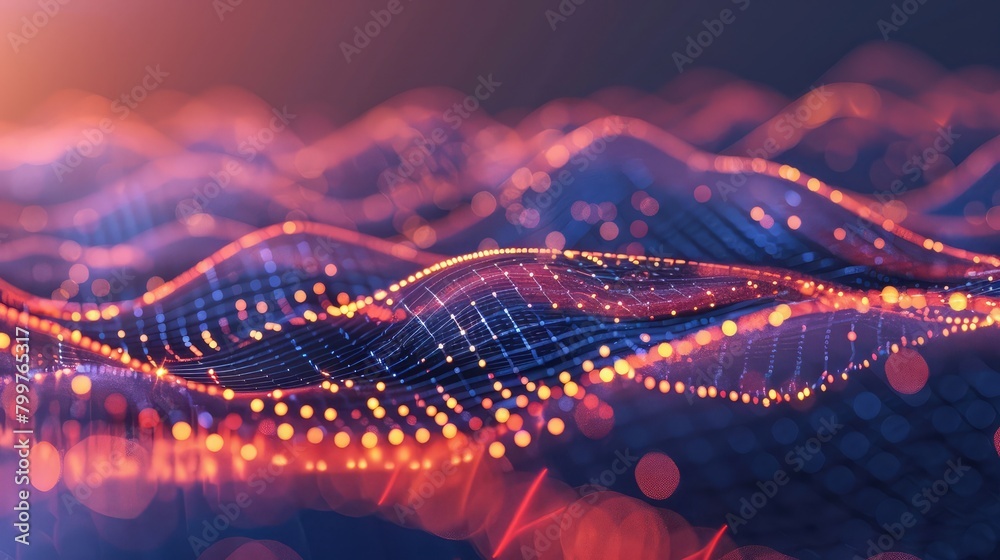 Cyber space abstract background, wavy network surface in dark blue ...