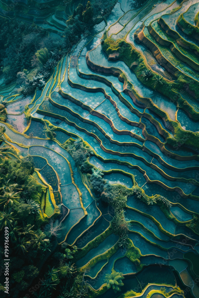 Minimalist aerial view capturing the terraced patterns of rice paddies ...