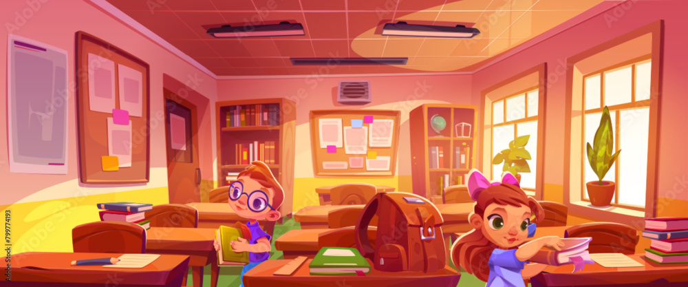 Little kids with books in school classroom. Cartoon vector illustration ...