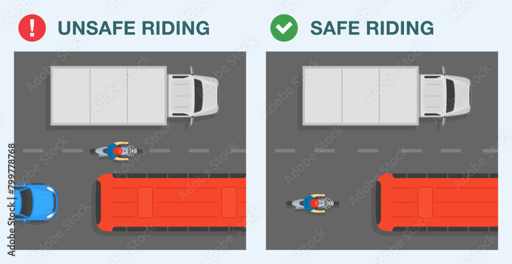 Safe motorcycle riding tips. Safe and unsafe riding. Moto rider tries ...