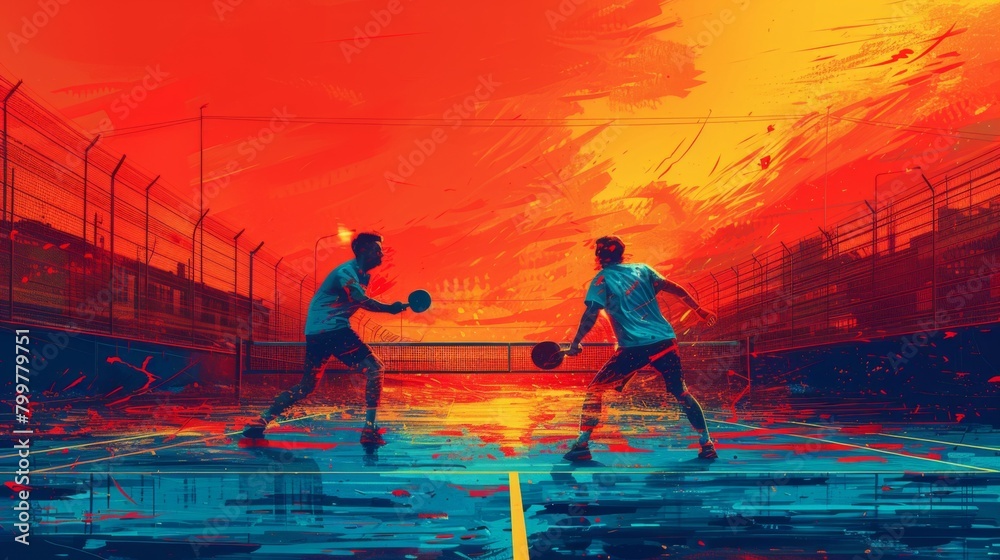 Dynamic 2D illustration of a ping-pong match on a poster, with ...