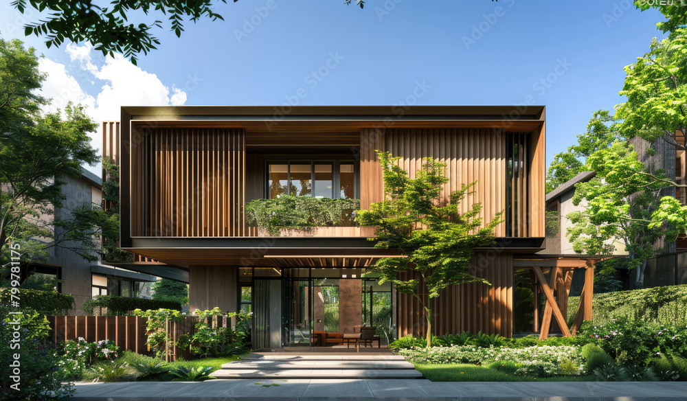 A modern house with wooden cladding and greenery on the roof, set ...