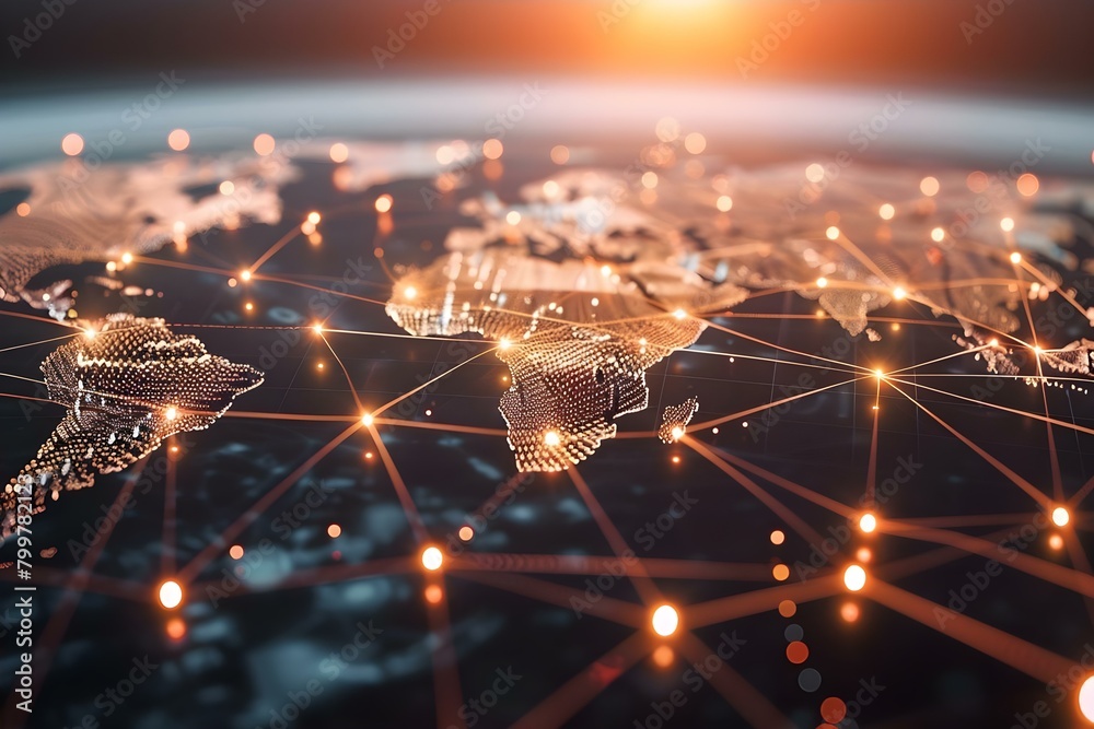 Global network map showing international data transfer and business ...