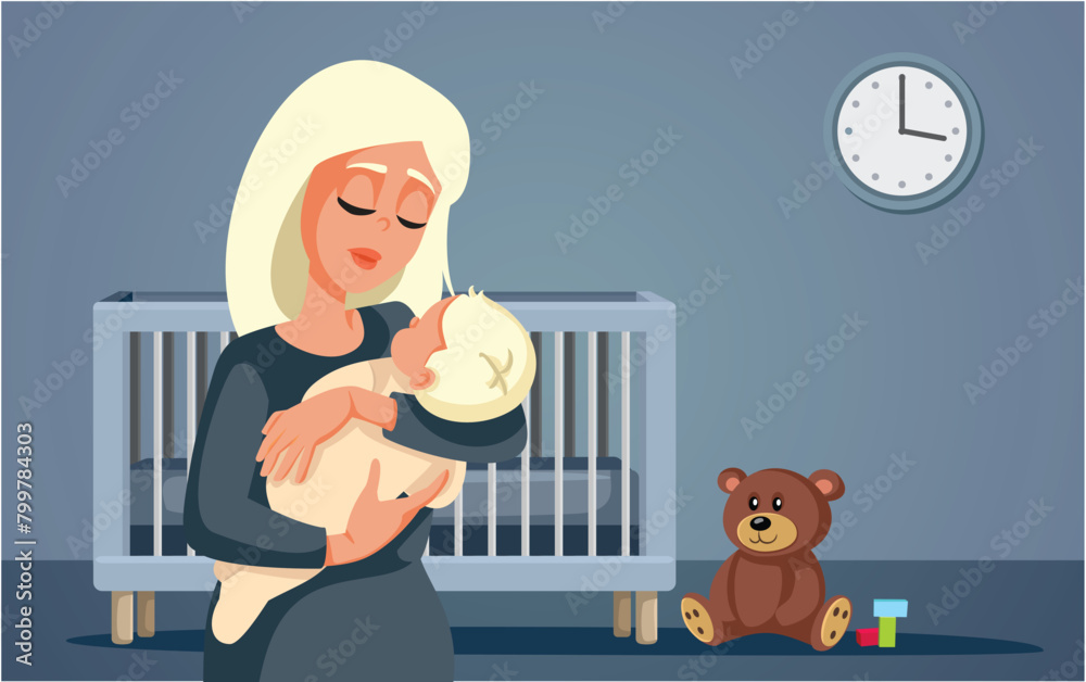 Mother Comforting Baby from the Crib During. Nighttime Vector Cartoon ...