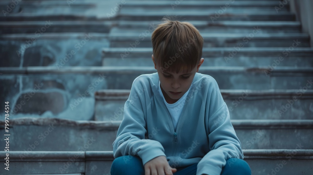 Bullying concept, A depressed boy sitting alone on stairs, a victim of ...