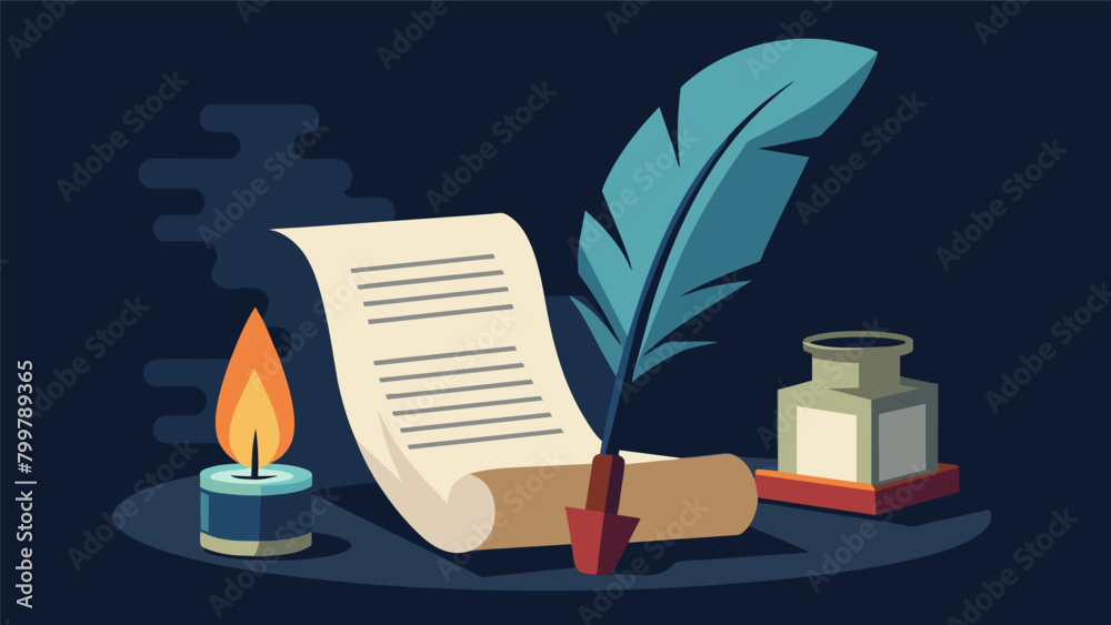 The quill pen inkwell and document all bathed in candlelight evoking ...