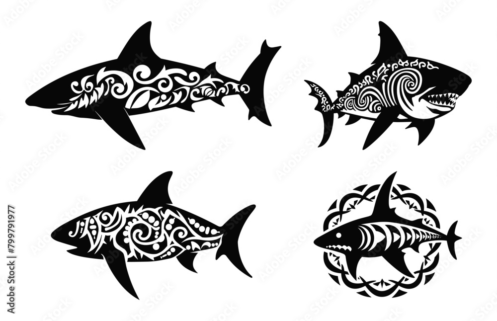 Shark mandala Vector Silhouette black Clipart Set Stock Vector | Adobe ...