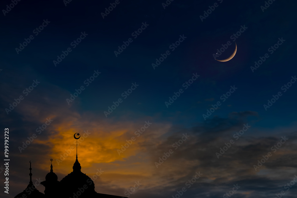 Night sky with crescent moon and stars of Ramadan sky. Mosque dome ...