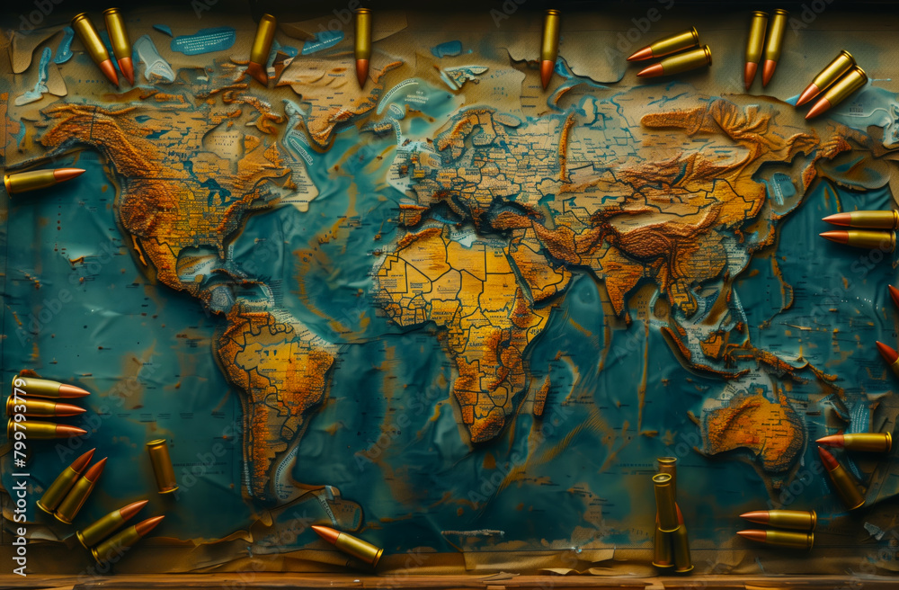 Weapons cartridges world map war concept of militarization of the ...