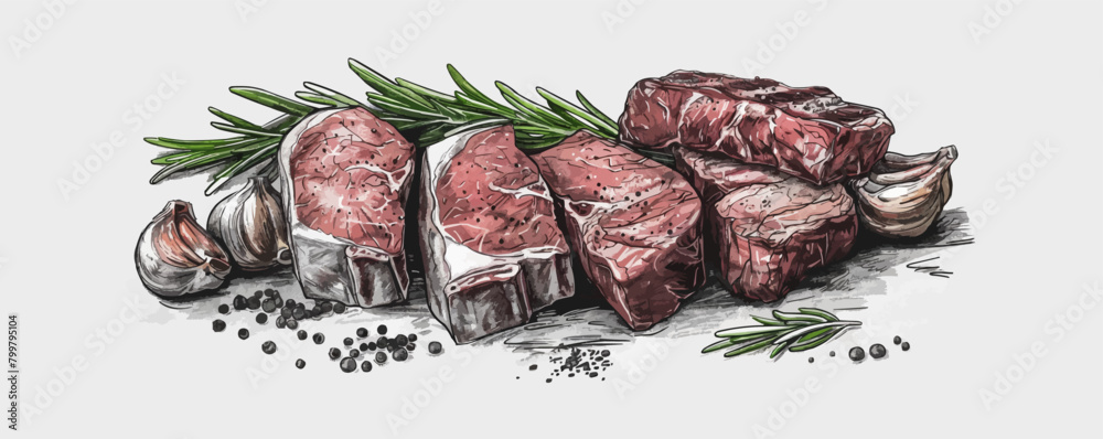 Hand drawn cuts of beef. Grilled meat sketch. Steak house, grill ...