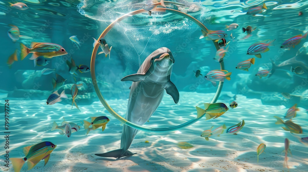 Inside a bustling aquarium, a colorful fish swims in awe, its ...