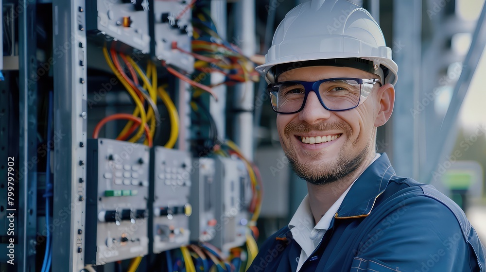 Professional inspection: Male electrician smiles as he conducts a ...